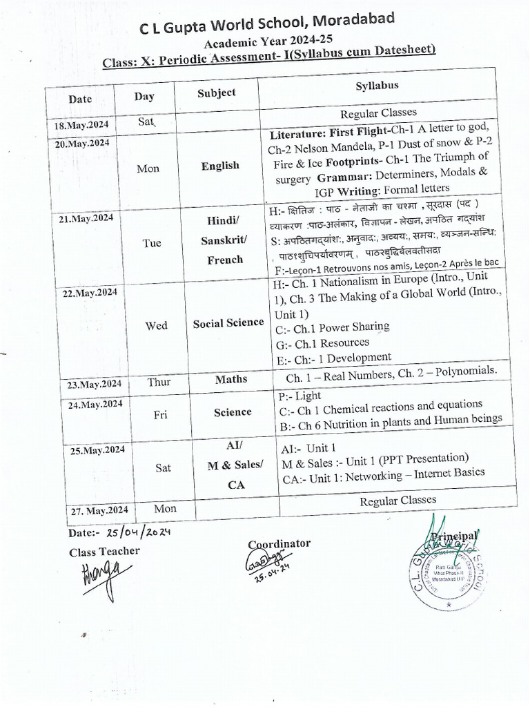Class X PAI Syllabus Cum Datesheet | PDF