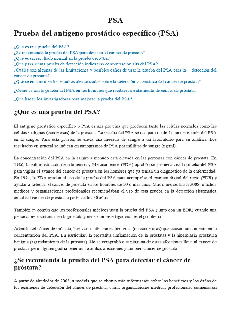 PSA Prueba Del Antígeno Prostático Específico (PSA) | PDF | Antígeno específico de la próstata ...