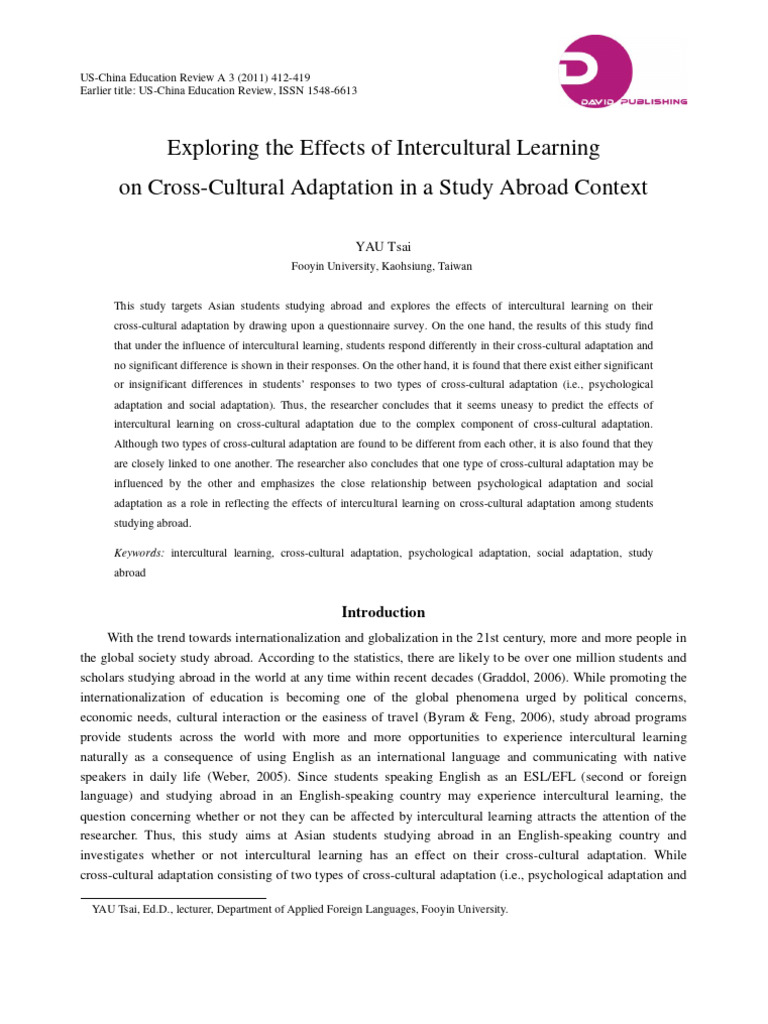 Exploring The Effects of Intercultural Learning On Cross-Cultural Adaptation in A Study Abroad ...