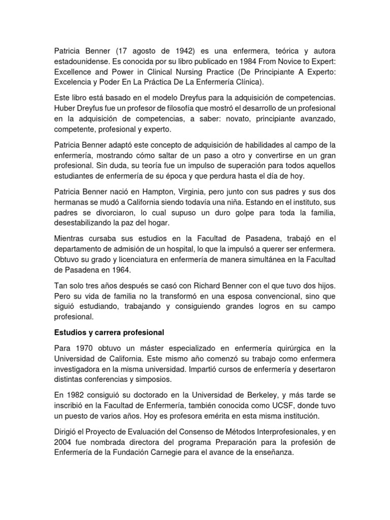 Teoría de Patricia Benner en Enfermería | PDF | Enfermería