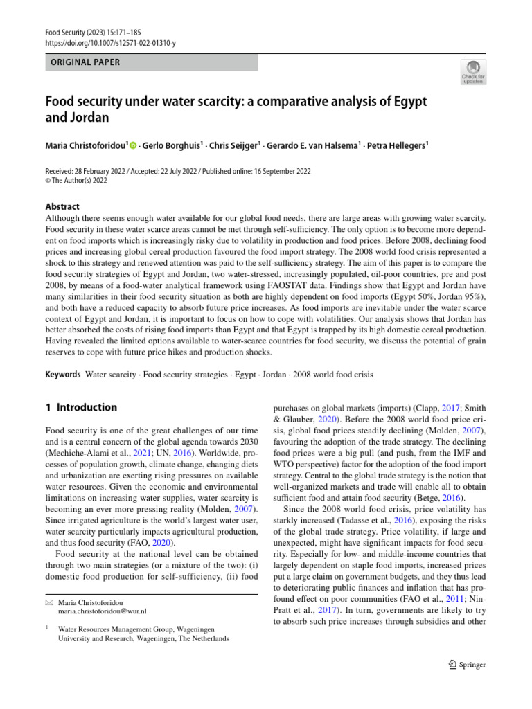 Food Security Under Water Scarcity: A Comparative Analysis of Egypt and Jordan | PDF | Food ...