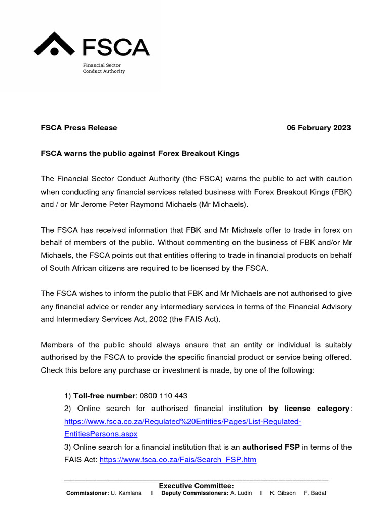 FSCA Press Release - FSCA Warns The Public Against Forex Breakout Kings ...