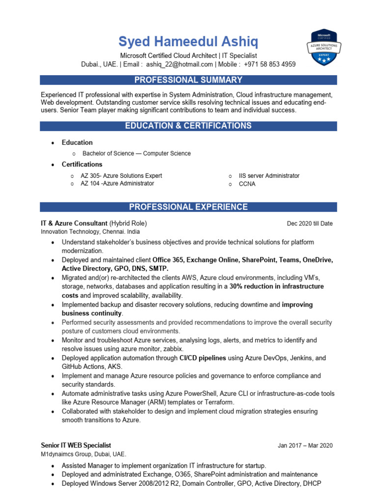 IT AZURE Admin Syed Ashiq | PDF | Microsoft Azure | Cloud Computing