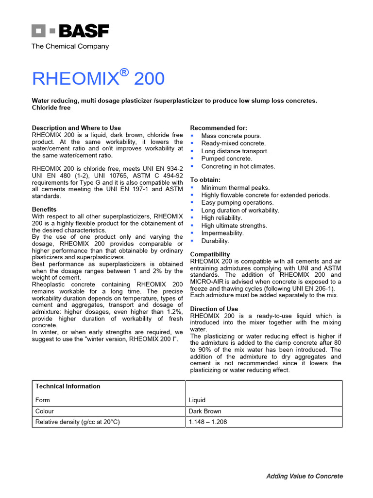 RHEOMIX 200 Oct-11 EN BASF | PDF | Concrete | Building Materials