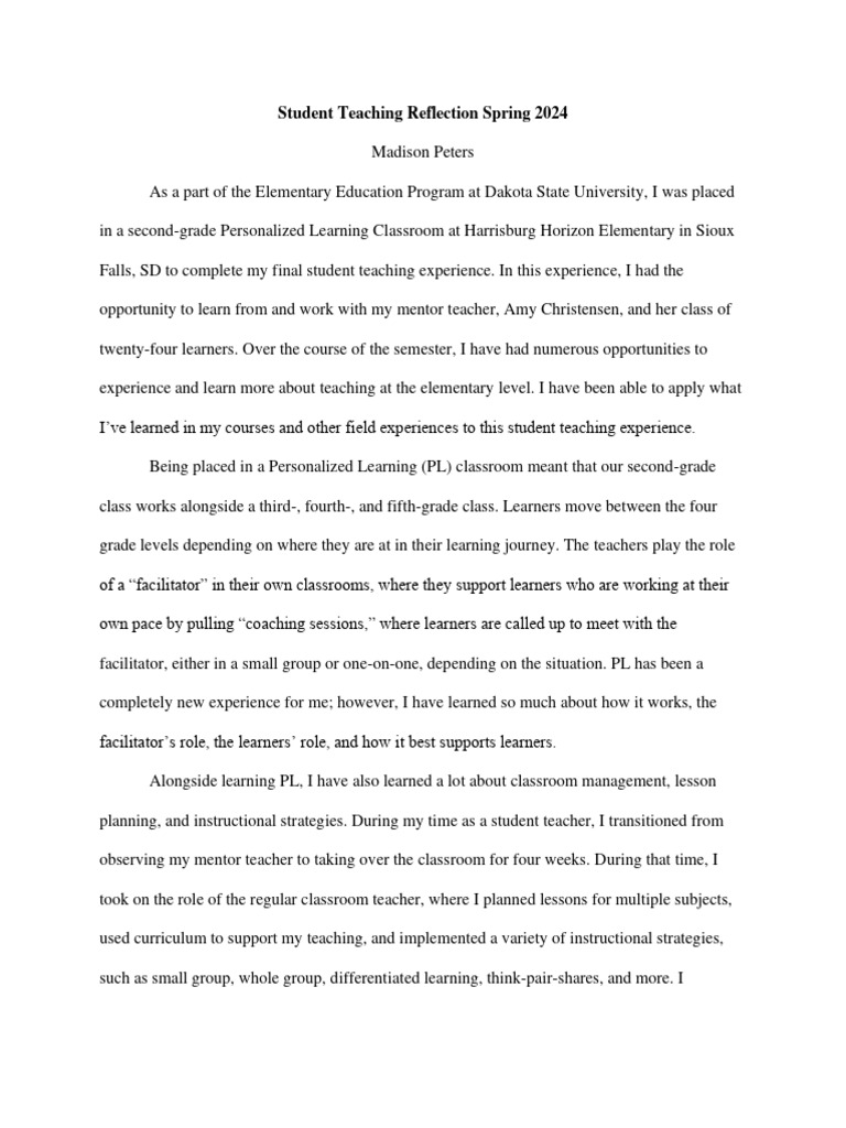 Student Teaching Experience Reflection 2024 | PDF | Teachers | Learning