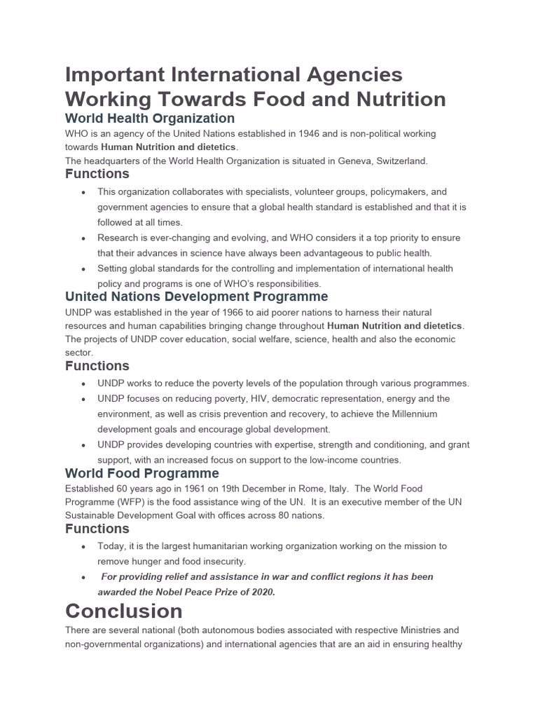 Important International Agencies Working Towards Food and Nutrition ... Important International Agencies Working Towards Food and Nutrition ...
