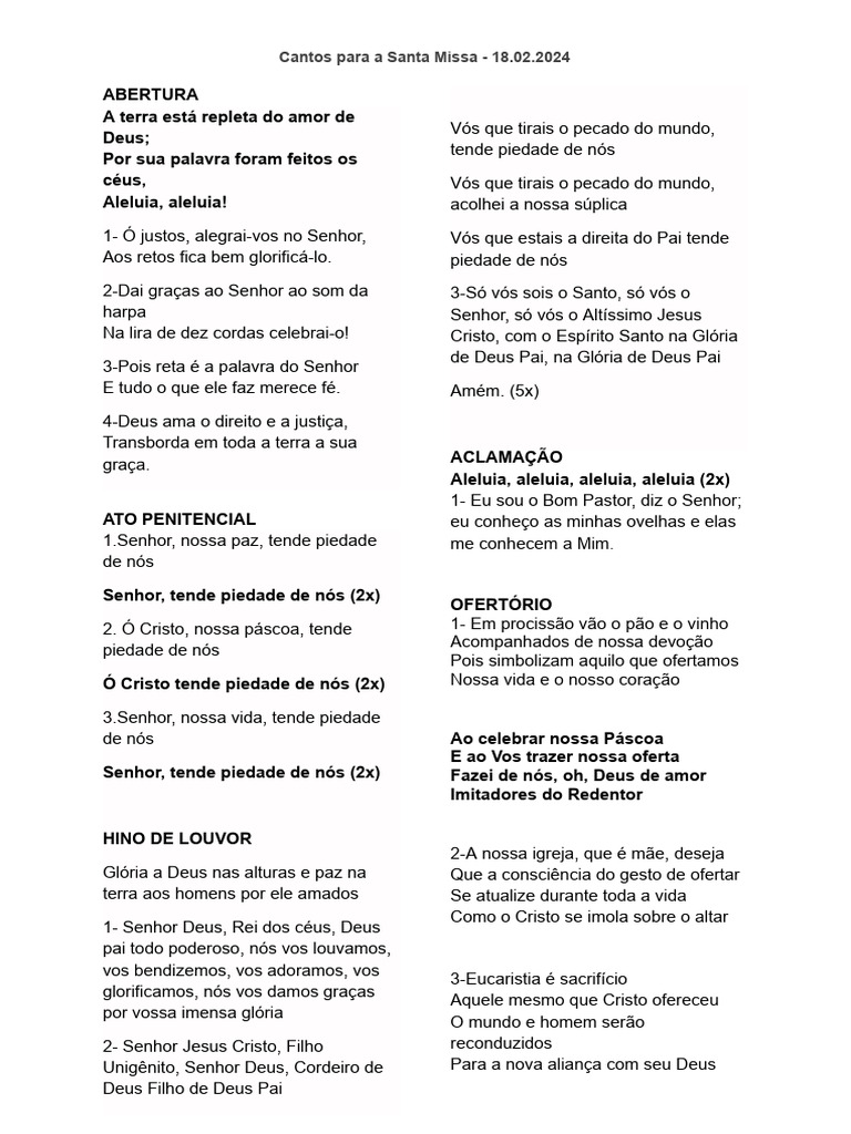 Cantos da Missa - 18/02/2024 | PDF | Crença e doutrina religiosa