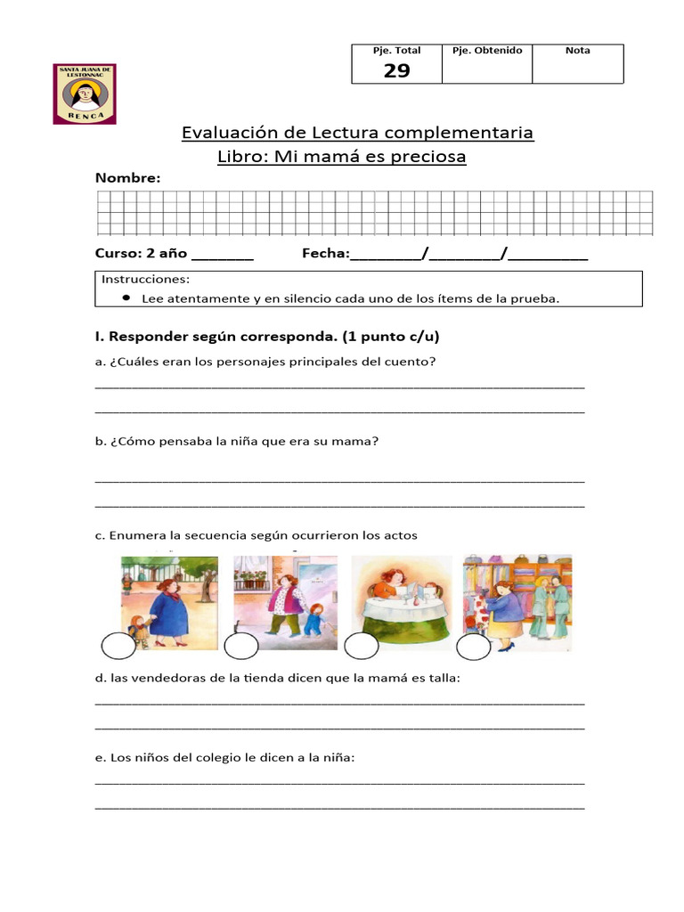 Prueba de lectura: Mi mamá es preciosa | PDF | Artes del Lenguaje y ...