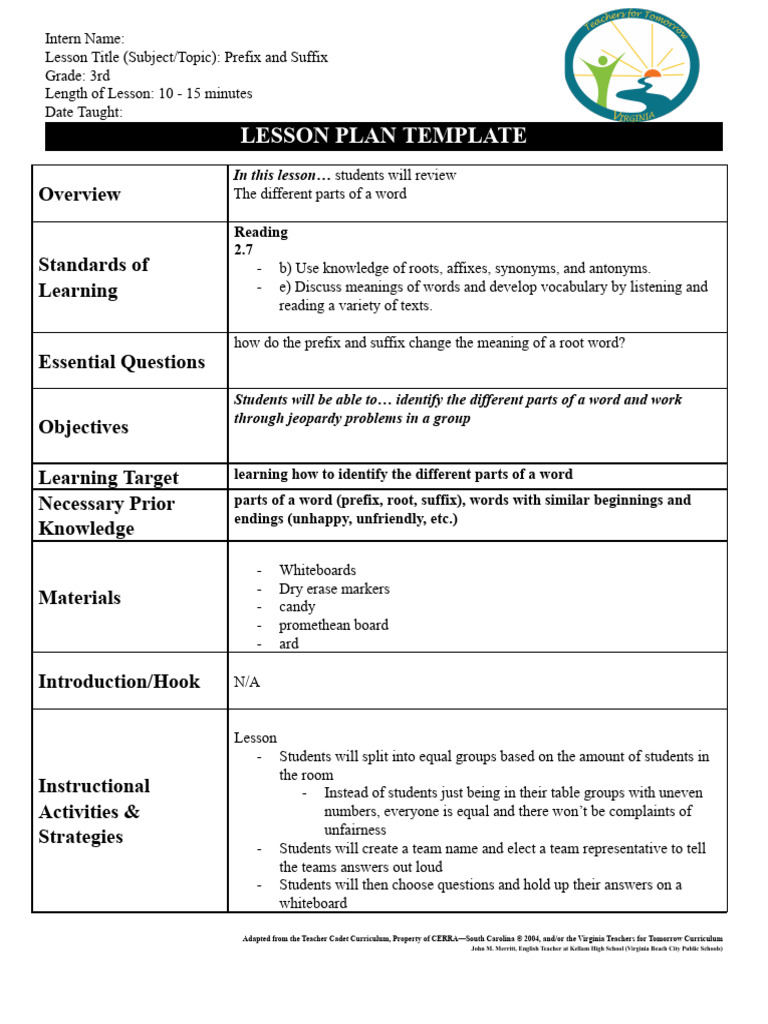Jaelah Lee - Prefix and Suffix Lesson Plan | PDF | Lesson Plan | Curriculum