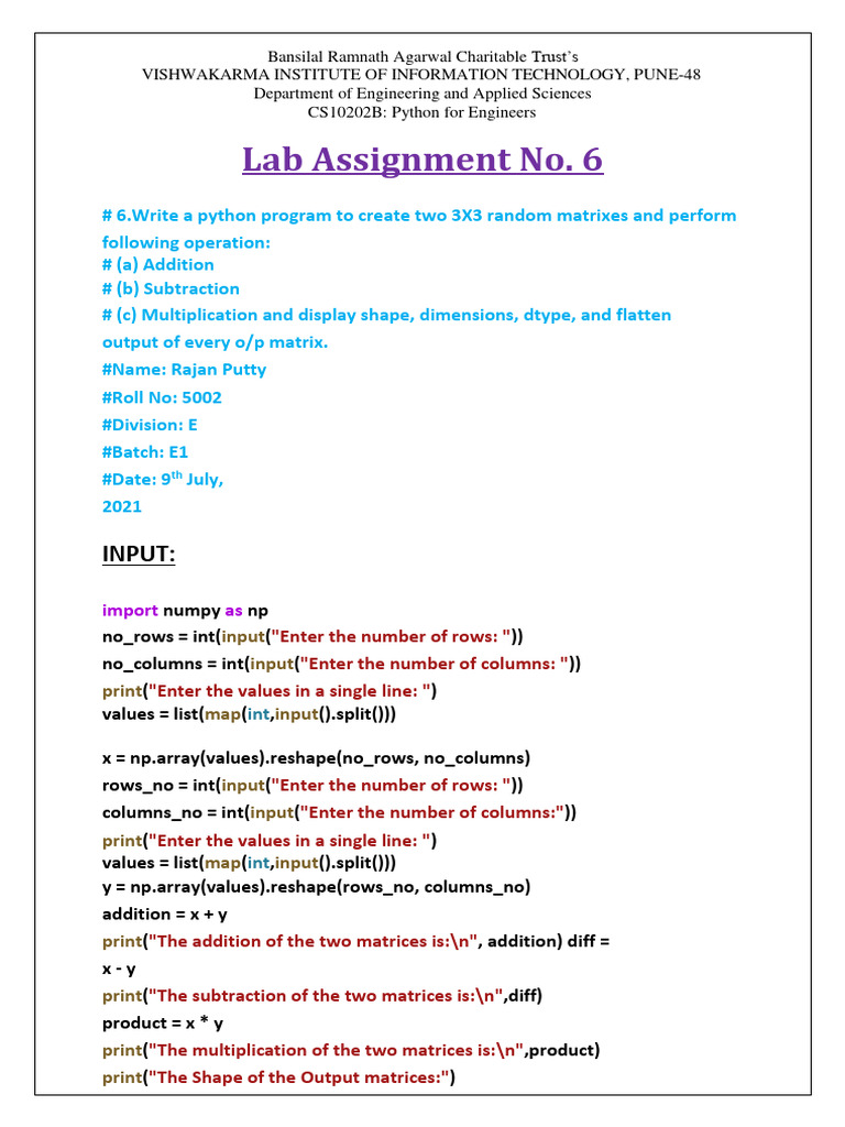 5002 - Rajan Putty - PE - Lab Assignment 6 - E1 | PDF | Matrix ...