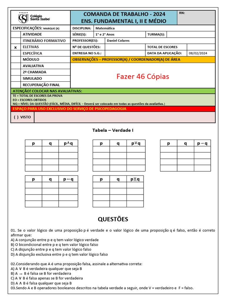 2 Eletiva 2024 0802 | PDF | Lógica matemática | Lógica
