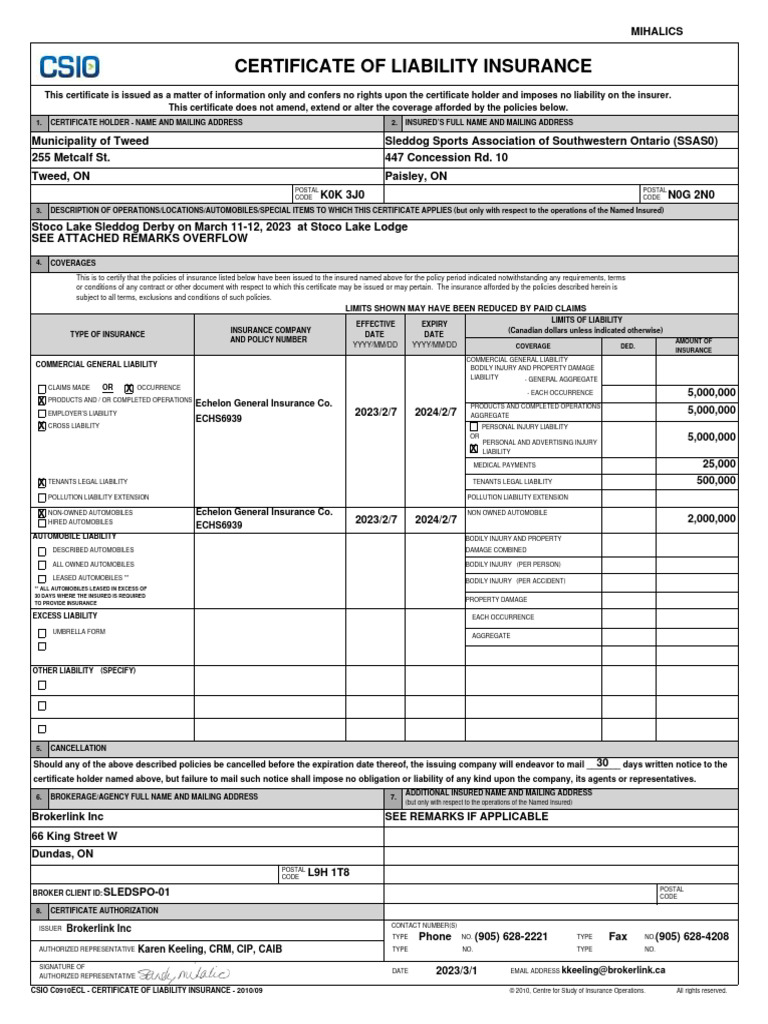 Master COI 2023-2024 - Municipality of Tweed | PDF | Liability ...