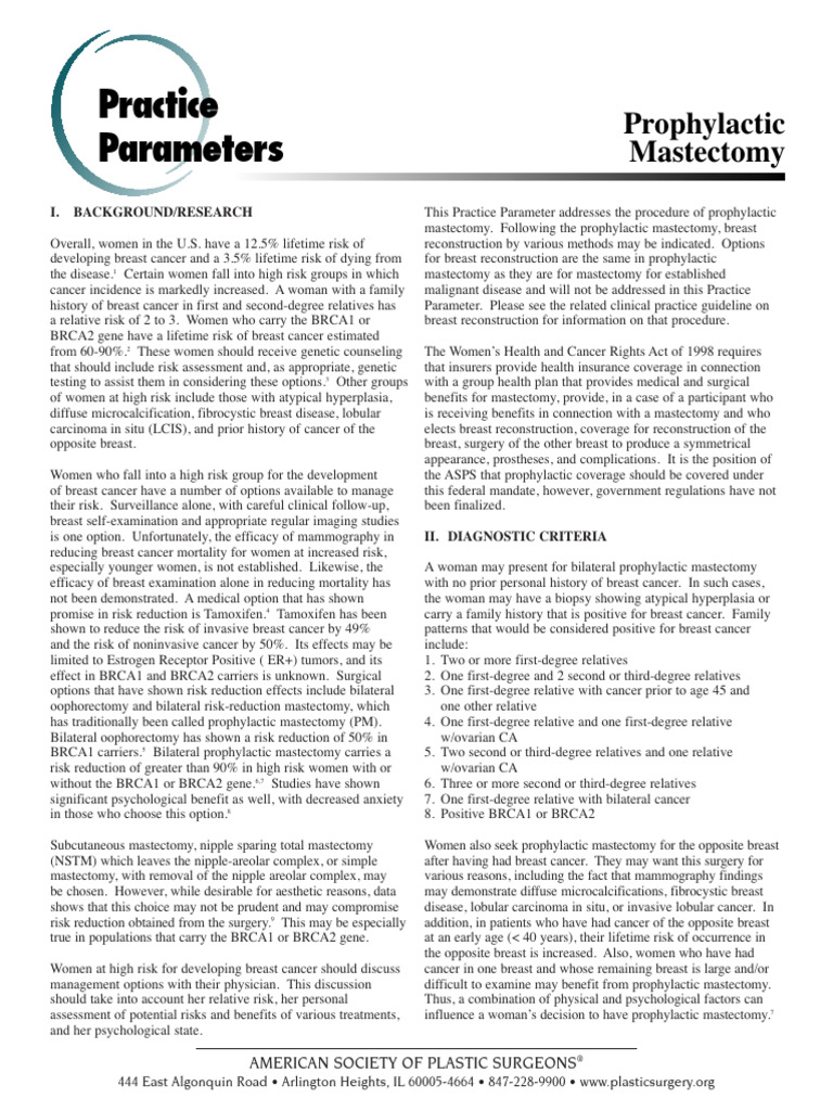 Practice Parameter 2003 Prophylactic Mastectomy | PDF | Breast Cancer ...