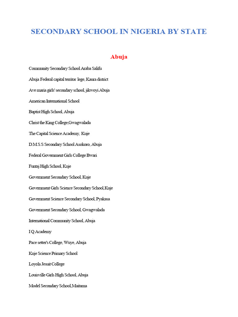 Secondary Schools in Nigeria by State | PDF | Nigeria | Educational ...