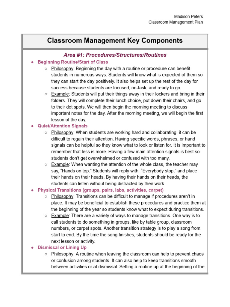 Maddie Peters - Classroom Management Key Components | PDF | Classroom Management | Teachers