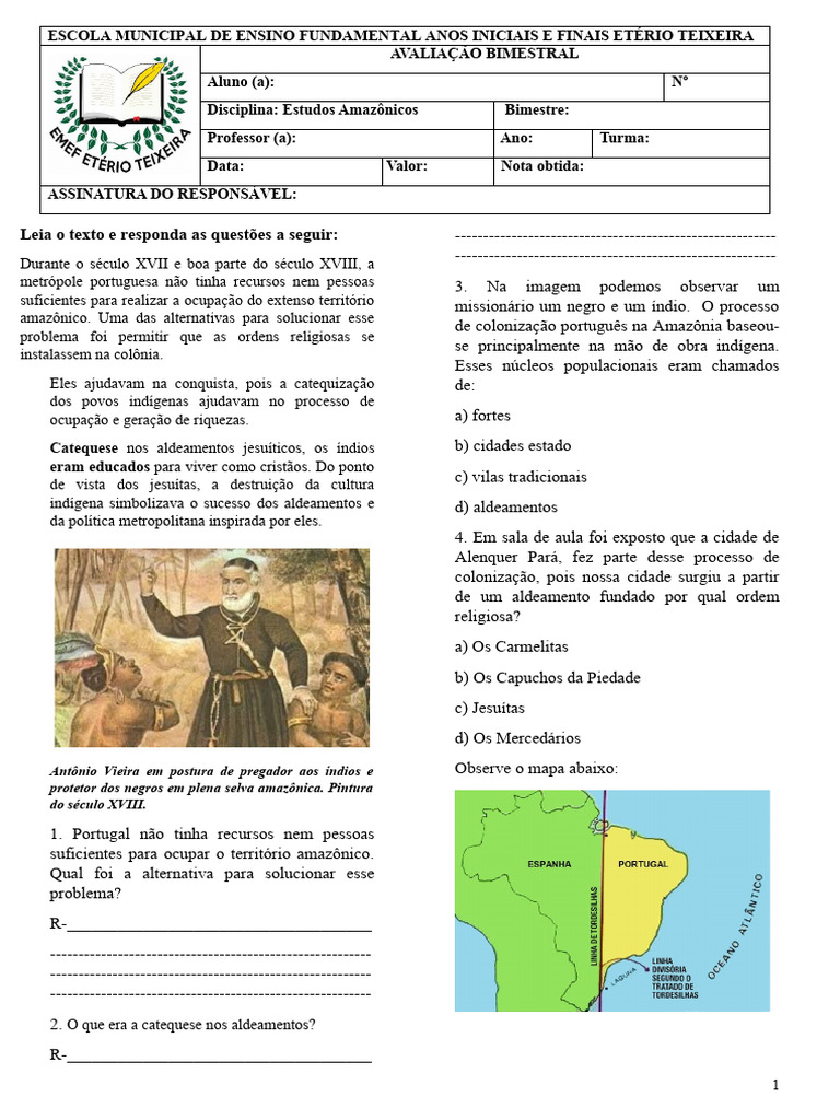 7º Ano Prova de Estudos Amazônicos Do 1º Bimestre | Download grátis PDF ...