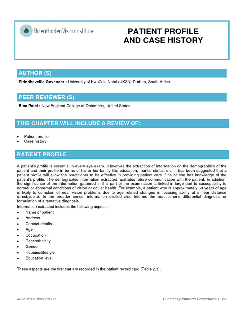 02 Patient Profile and Case History | PDF | Human Eye | Optometry