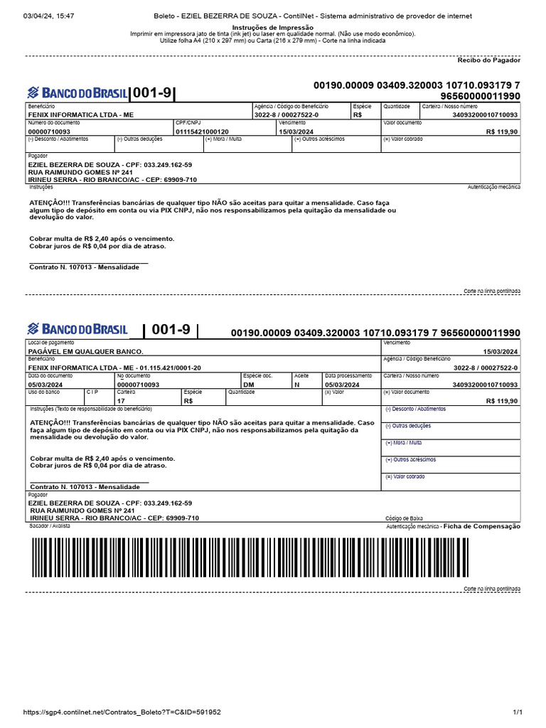 Boleto - EZIEL BEZERRA de SOUZA - ContilNet - Sistema Administrativo de Provedor de Internet-11 ...