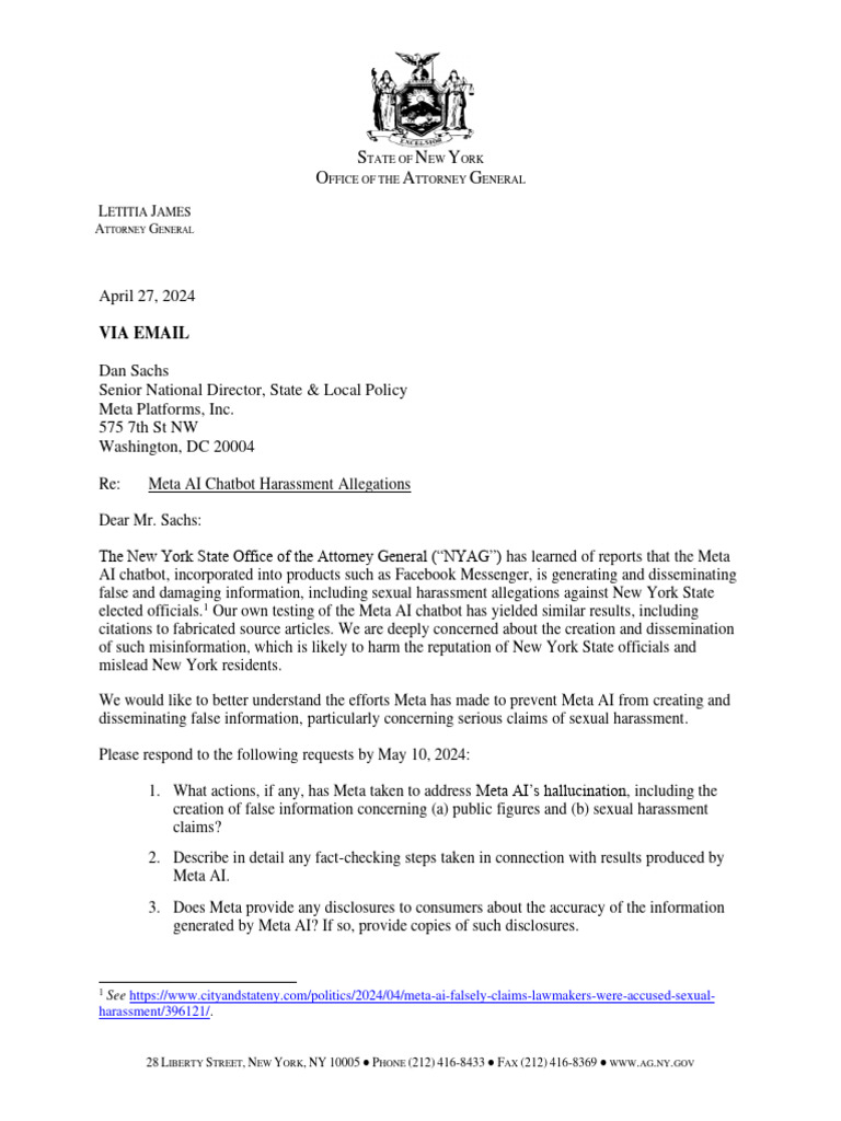 NYAG Letter To Meta Re Chatbot Harassment Allegations | PDF | Artificial Intelligence ...