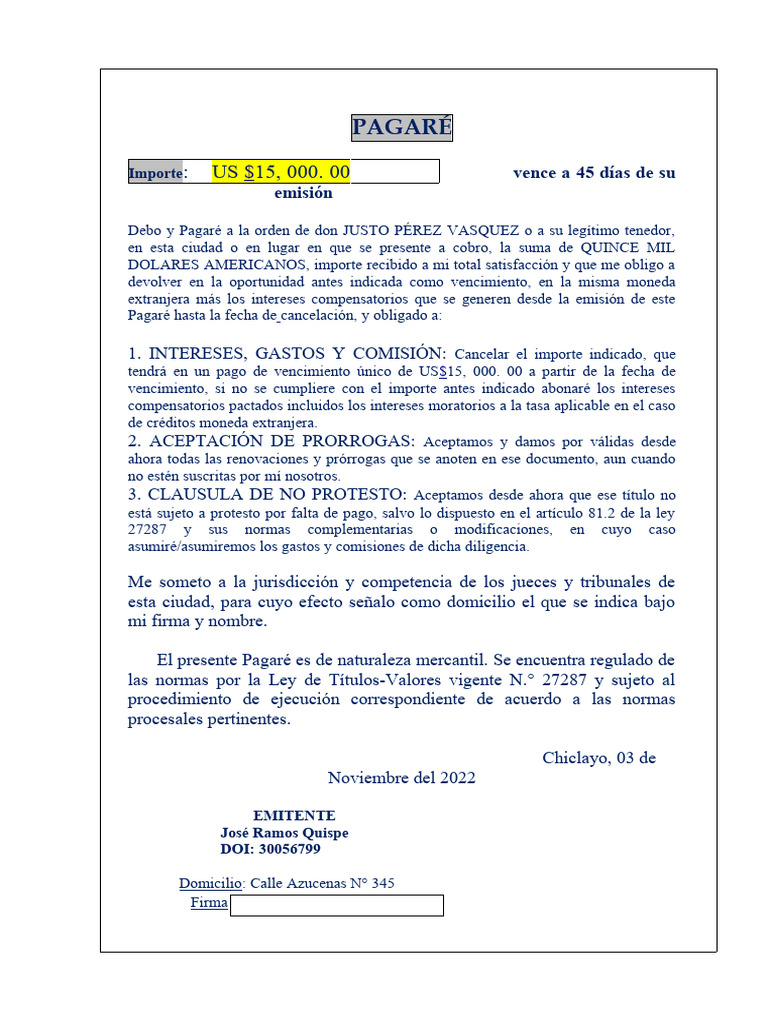 Modelo de Pagaré - Completar | PDF