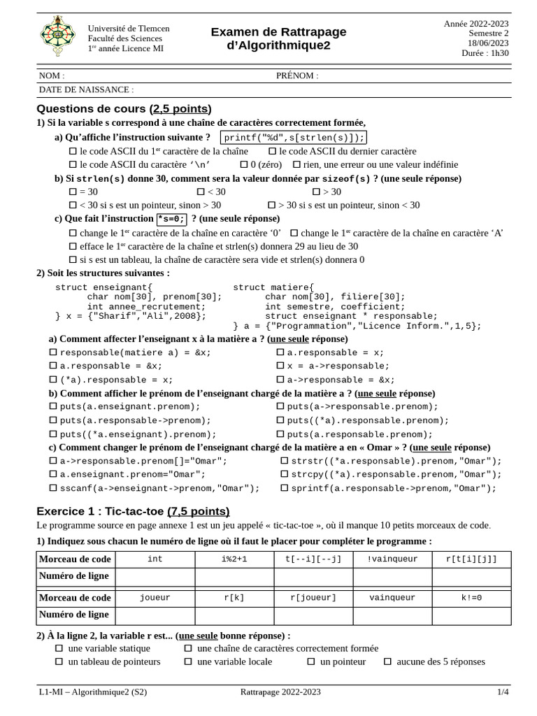 Examen4 Algorithmique Et Structure de Données 2 L1 2023 | PDF | Pointeur (programmation ...