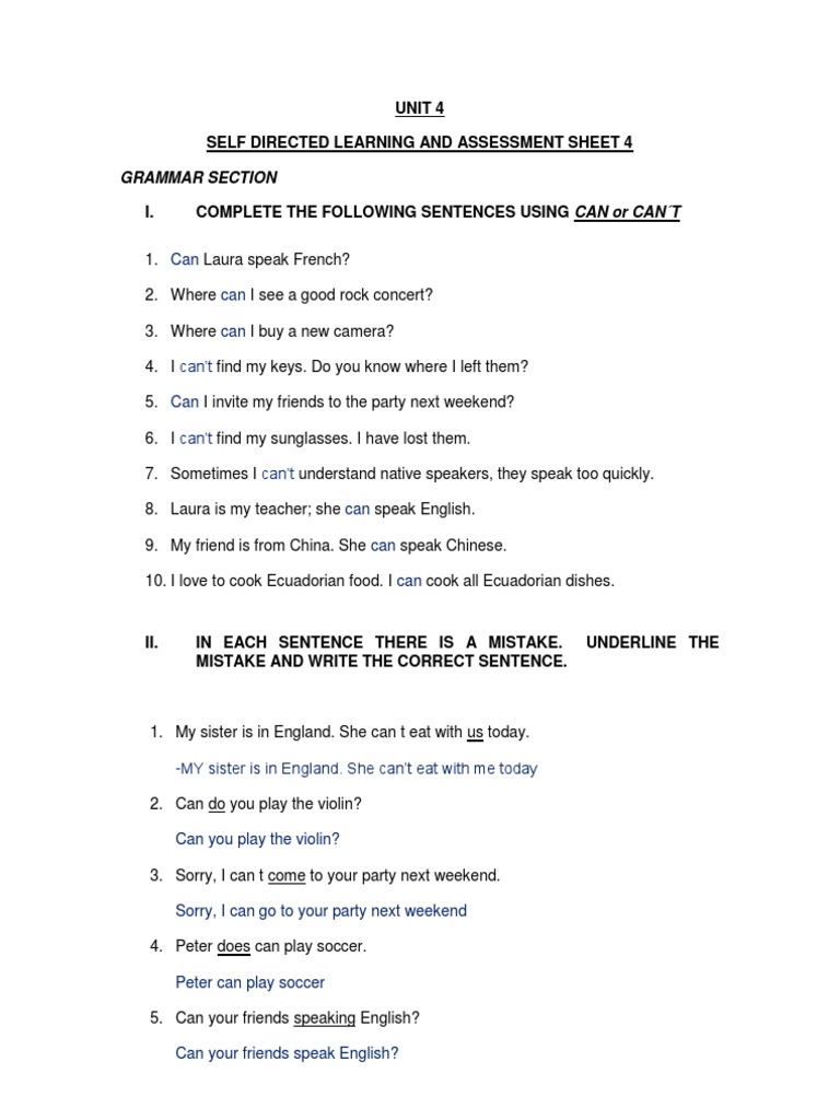 Grammar Section: Unit 4 Self Directed Learning and Assessment Sheet 4 ...