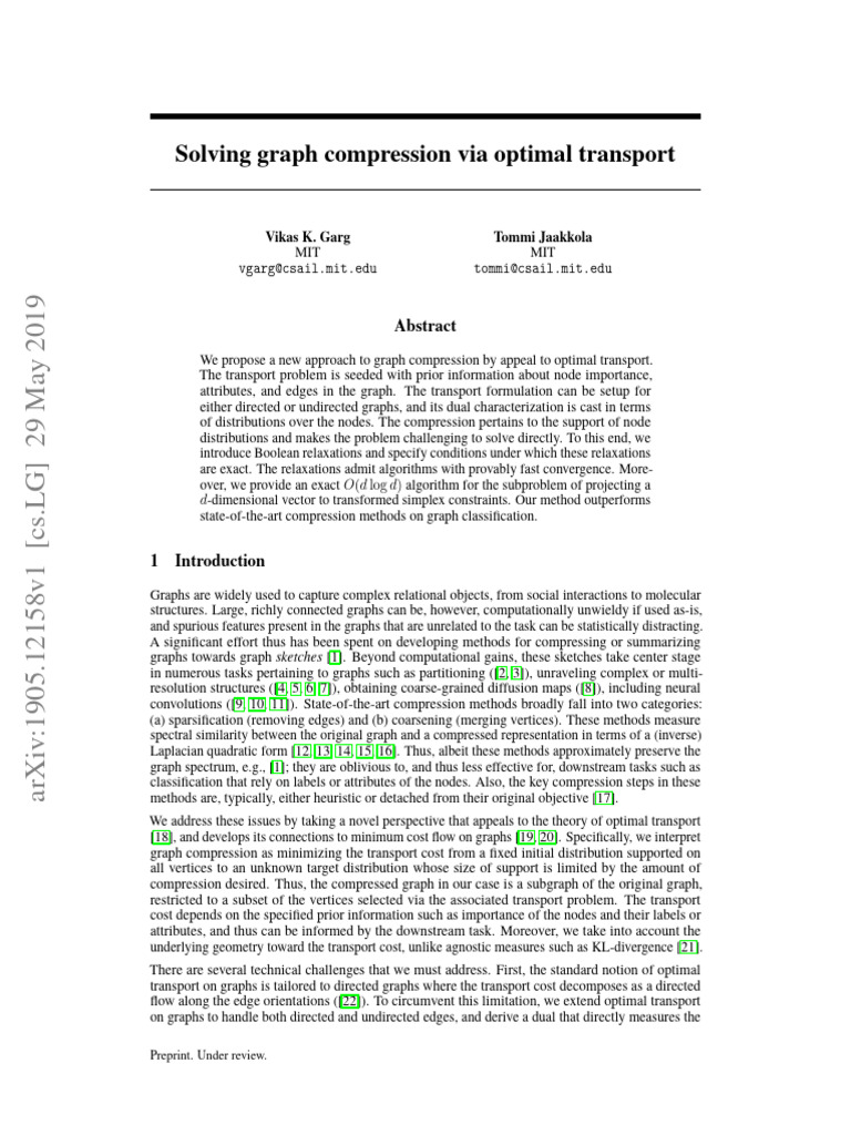Solving Graph Compression Via Optimal Transport: Preprint. Under Review | PDF | Vertex (Graph ...