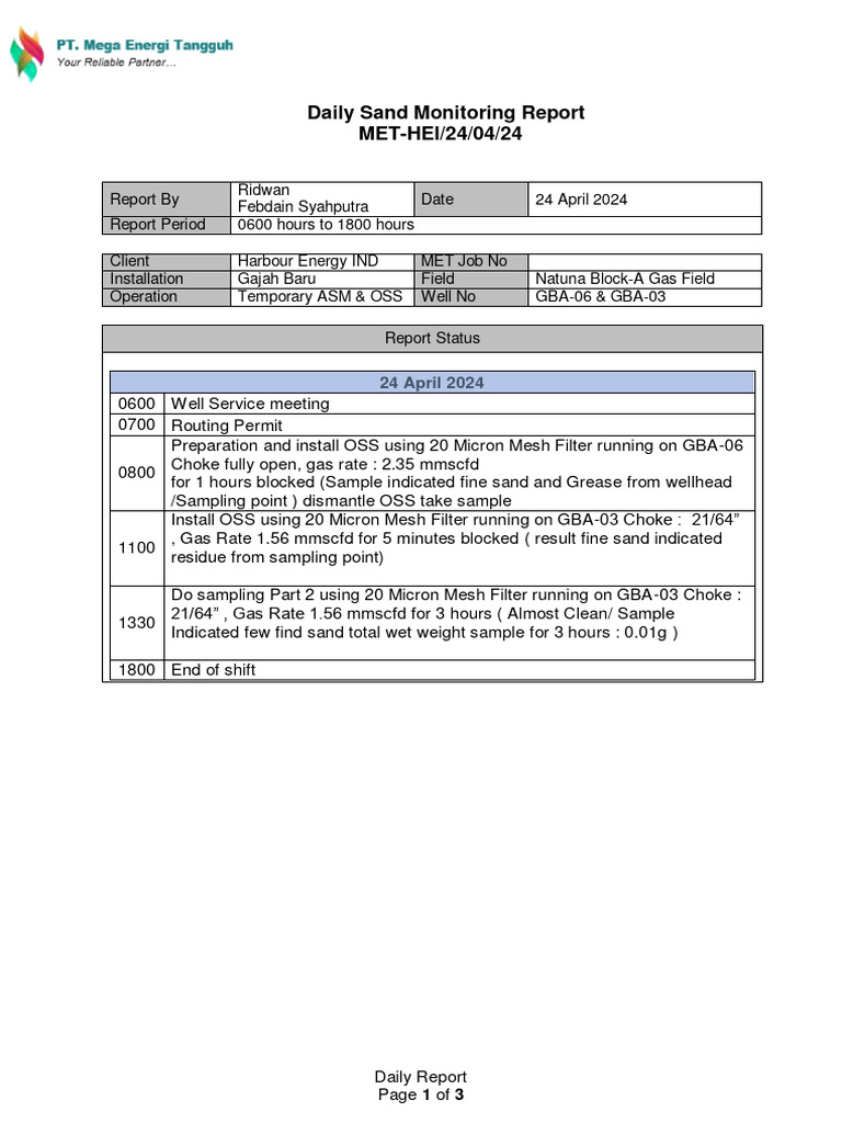 Natuna Gas Field Sand Monitoring 24/04/24 | PDF