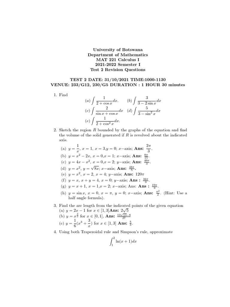 MAT 221 Test 2 Revision Questions | PDF | Integral | Mathematical Objects