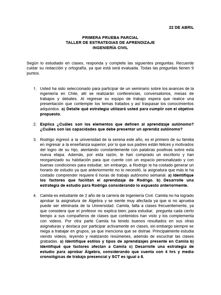 PRIMERA PRUEBA PARCIAL ING. CIVIL | PDF | Ciencia cognitiva | Aprendizaje