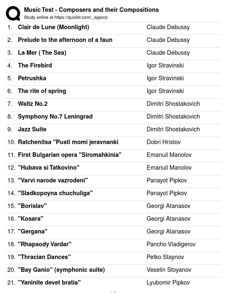 Music Test - Composers and Their Compositions | PDF | Suite (Music ...