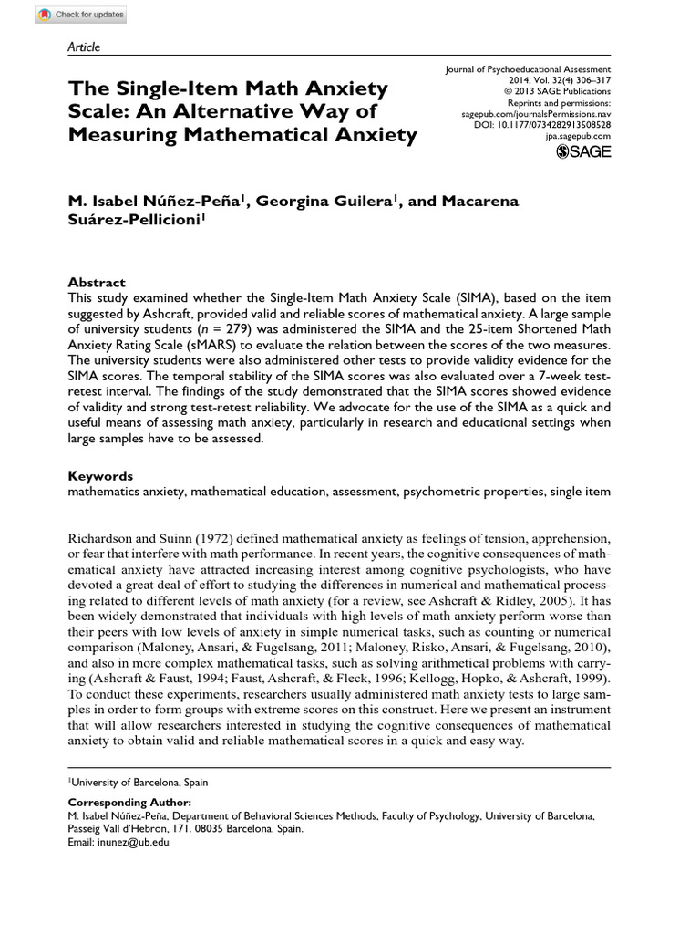 Nunez Pena Et Al 2013 The Single Item Math Anxiety Scale An Alternative Way of Measuring ...