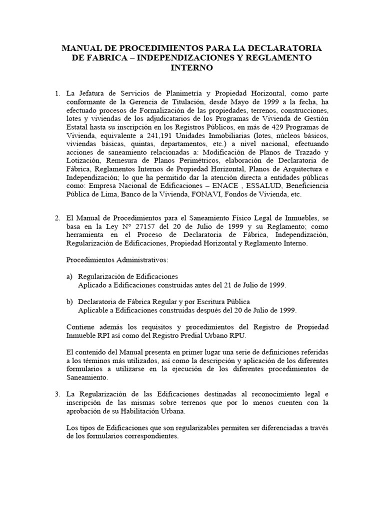 LEY DE REGULARIZACION DE EDIFICACIONES DEL PROCEDIMIENTO PARA LA DECLARATORIA DE FABRICA Y DEL ...