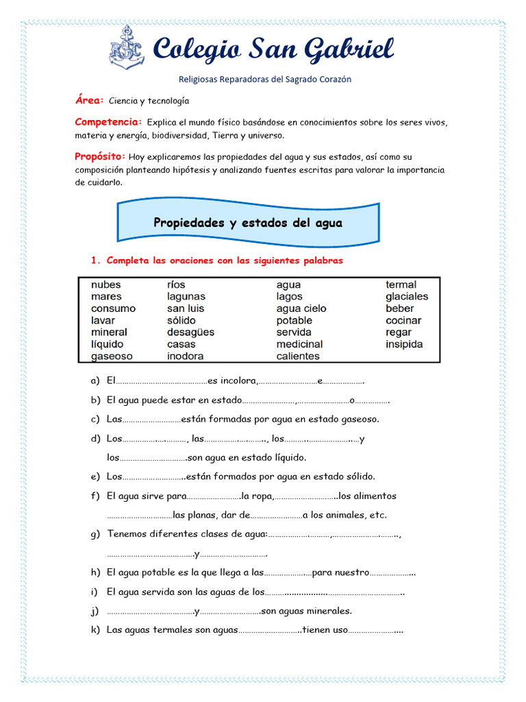 Ficha de Trabajo de Ciencia y Tecnologia-Propiedades Del Agua-2024 ...