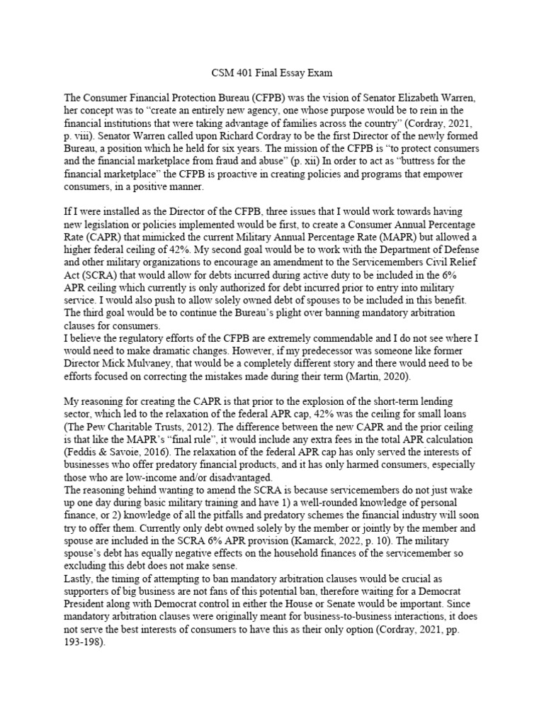 CSM 401 Final Essay Exam | PDF | Consumer Financial Protection Bureau ...