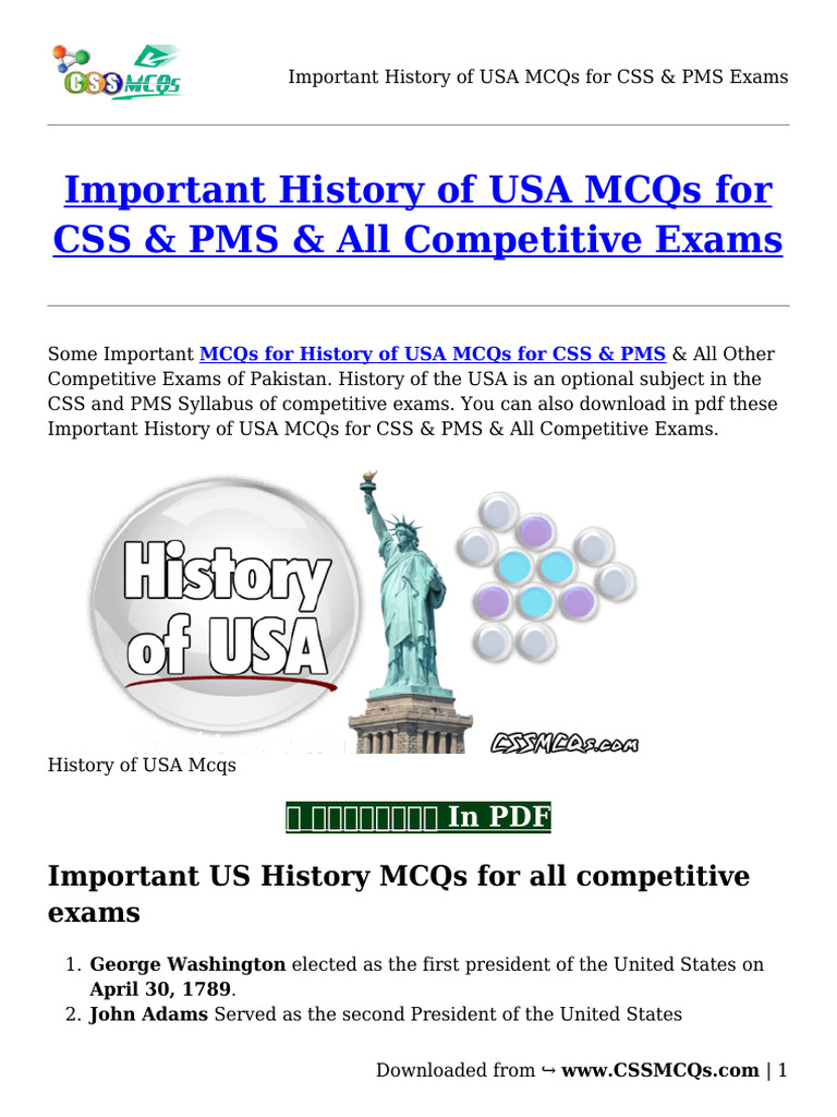 Important History of USA MCQs For CSS & PMS Exams | PDF | American ...