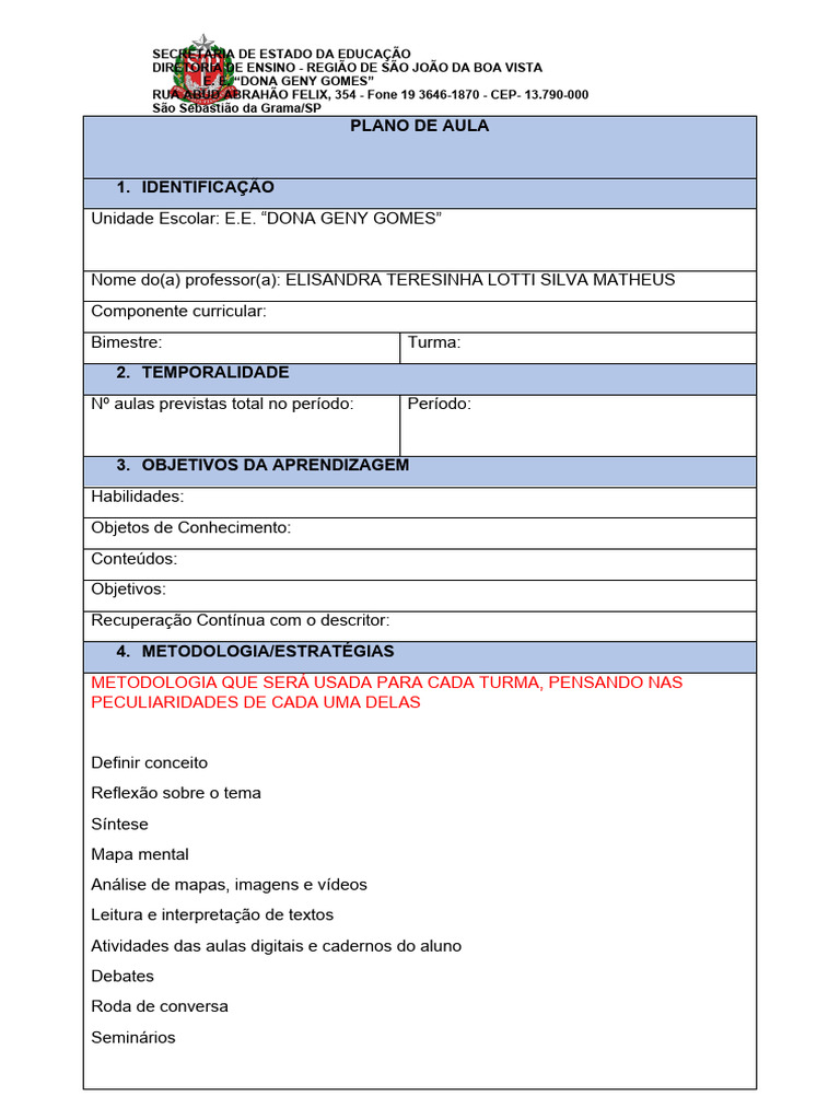 Plano de Aula 2024 - Modelo | PDF