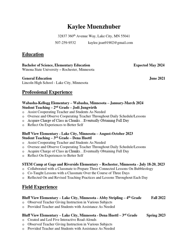 Muenzhuber Kaylee Resume | PDF | Teachers | Cognition