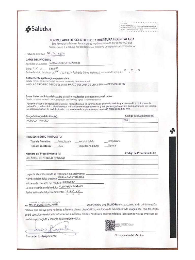 Formulario de Solicitud de Cobertura Hospitalaria | PDF