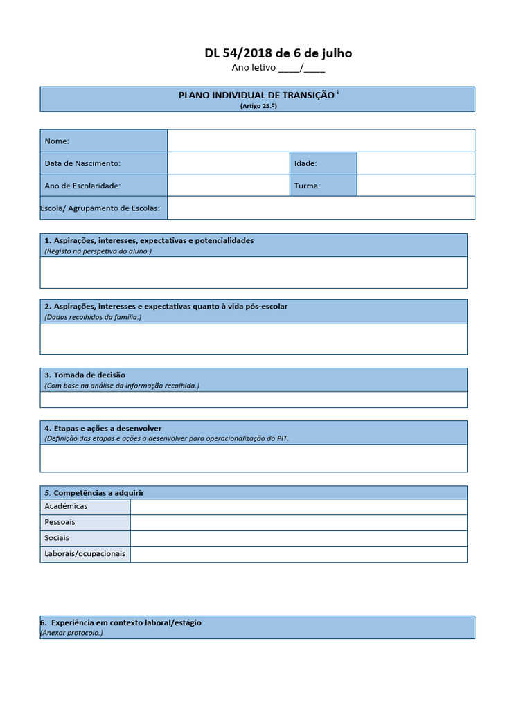 PIT - Plano Individual de Transição | PDF