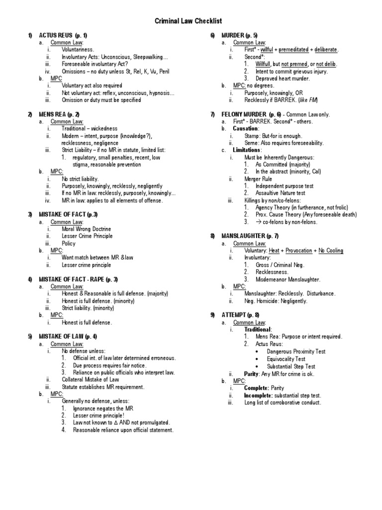 Criminal Law Essentials Checklist | PDF | Causation (Law) | Mens Rea
