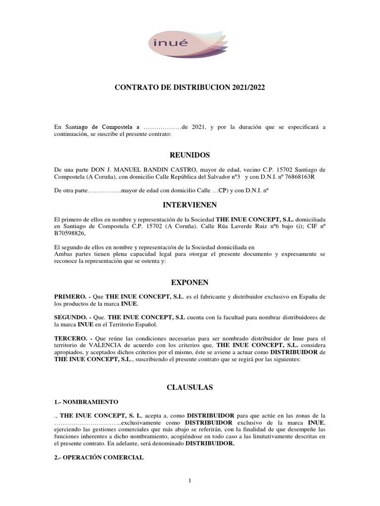 Borrador Contrato Distribuidor Valencia Inue 2021-2023 | PDF ...