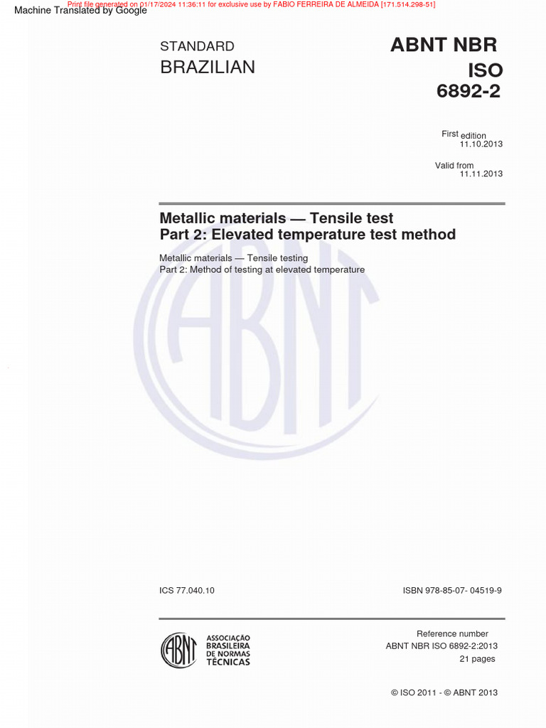 NBR Iso 6892 2 English | PDF | Stress (Mechanics) | Safety