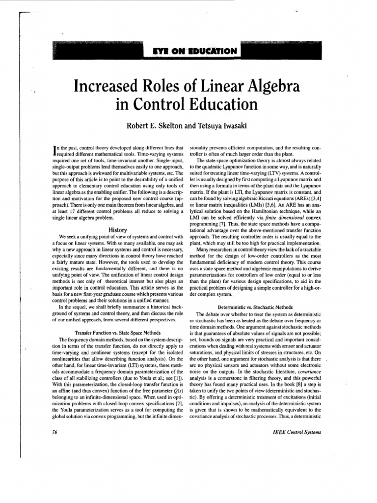 Linear Algebra in Control Education | PDF | Control Theory | Stability ...