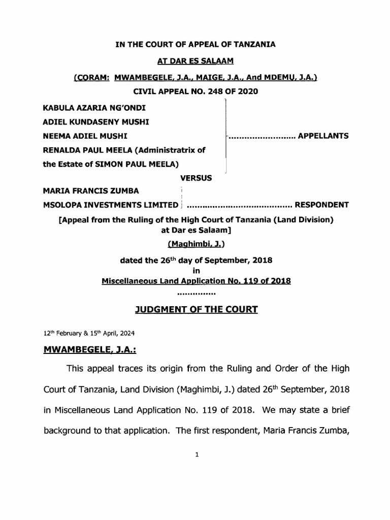 Kabula Azaria Ngondi Others Vs Maria Francis Zumba Msolopa Investments Limited (Civil Appeal No ...