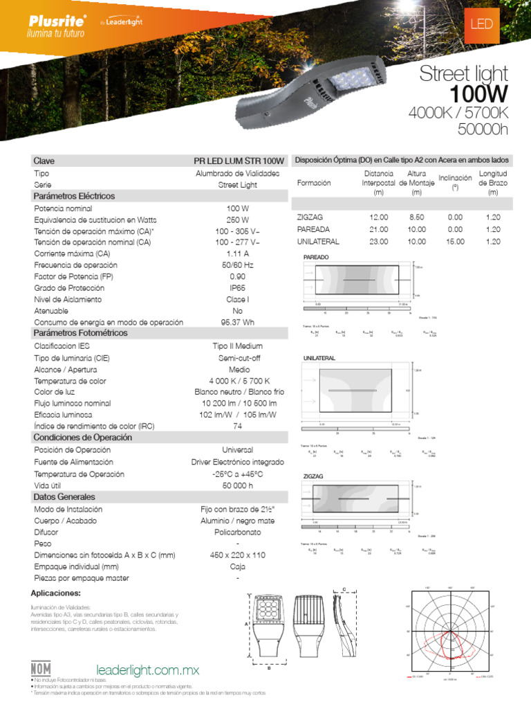 Ficha LED Street Light 100W | PDF | Radiación electromagnética | Cantidades fisicas