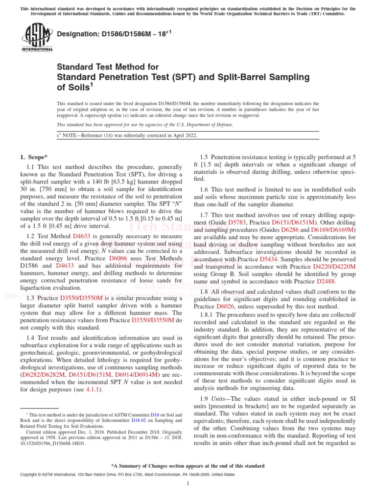 ASTM D1586 D1586M 18e1 | PDF | Geotechnical Engineering