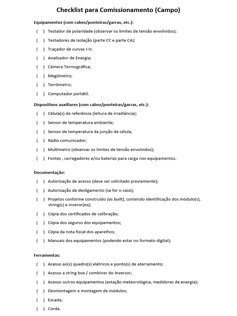 Checklist para Comissionamento | PDF