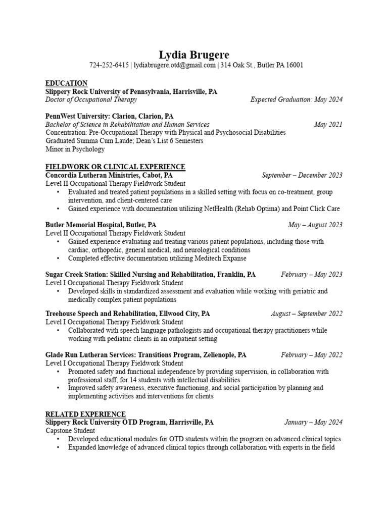 Lydia Brugere's Occupational Therapy Resume | PDF | Occupational ...