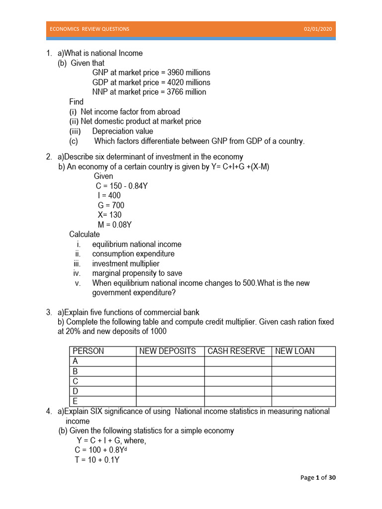 National Income Review Questions PDF | PDF | Gross Domestic Product ...